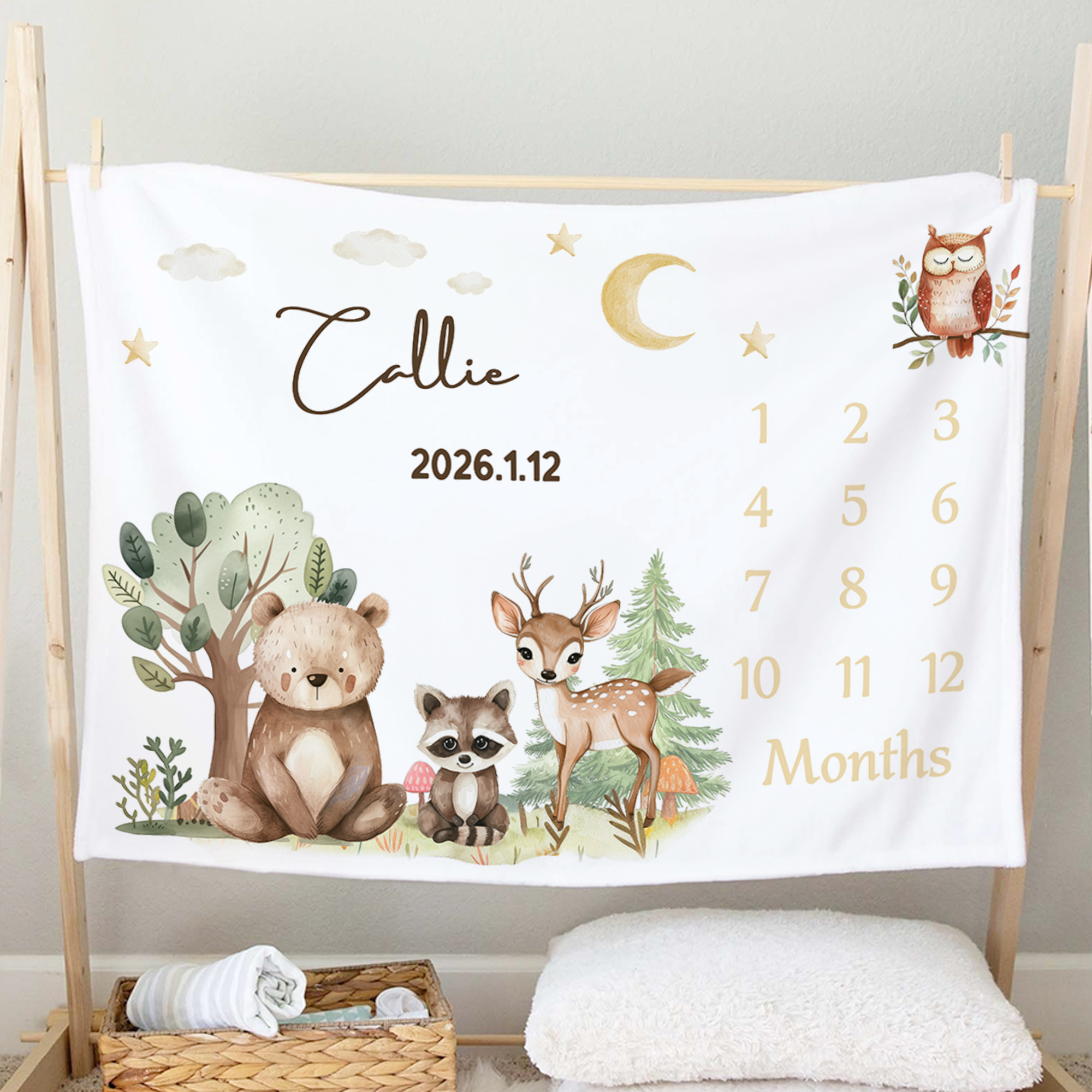 Personalised Woodland Cartoon Animal Milestone Soft Throw Blanket with ...