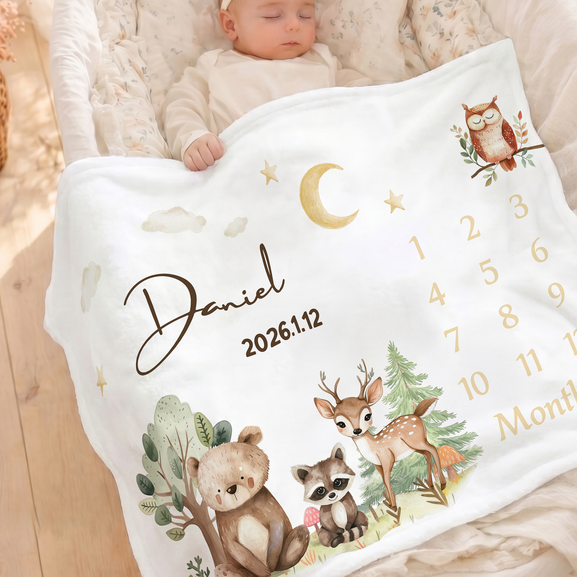 Personalised Woodland Cartoon Animal Milestone Soft Throw Blanket with ...